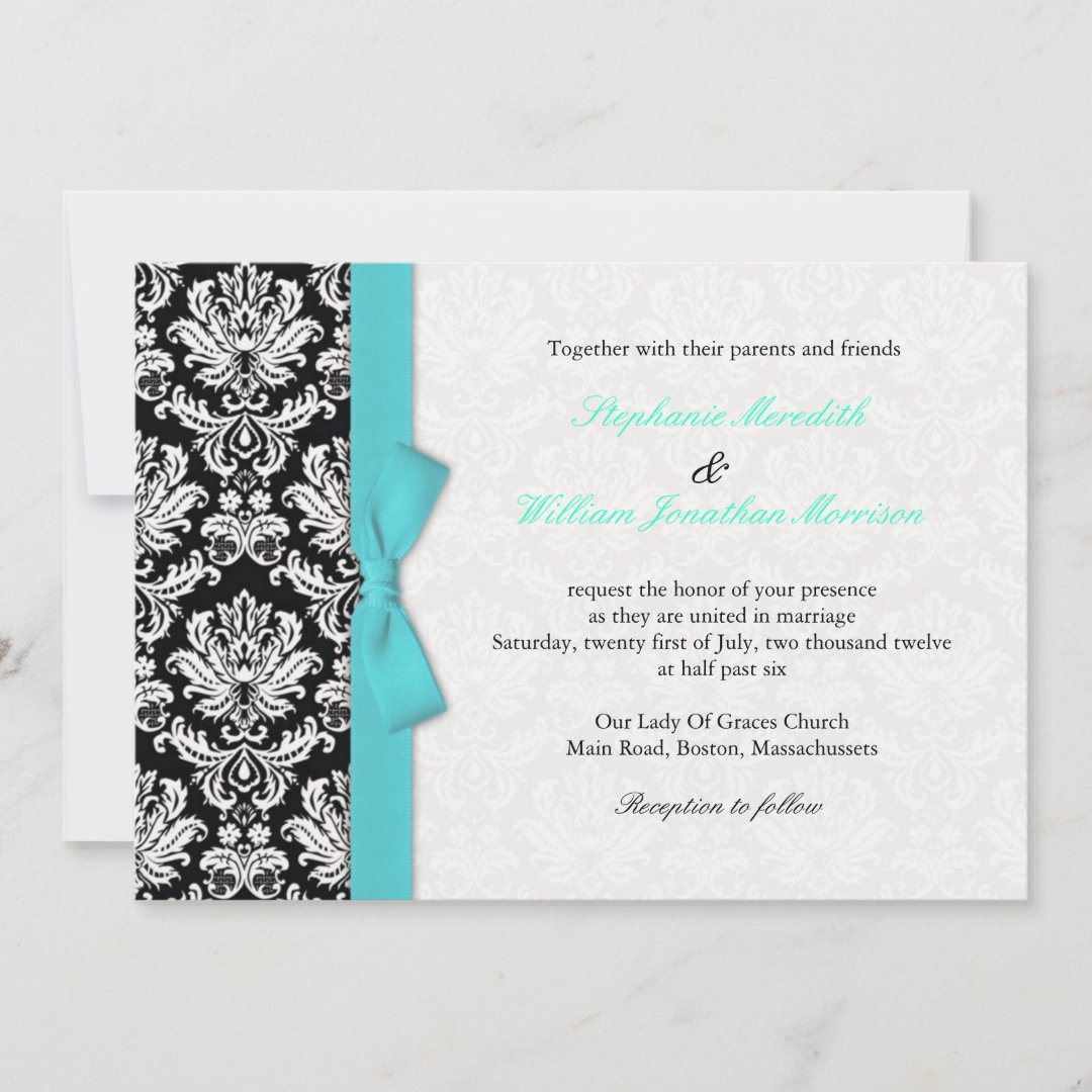 Damask With Turquoise Bow Wedding Invitation | Zazzle