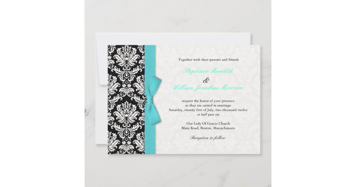 Damask With Turquoise Bow Wedding Invitation | Zazzle