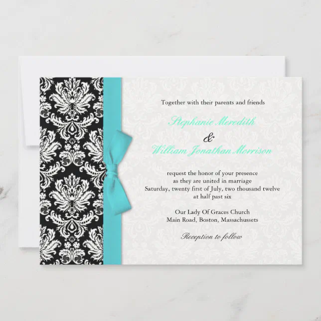 Damask With Turquoise Bow Wedding Invitation | Zazzle