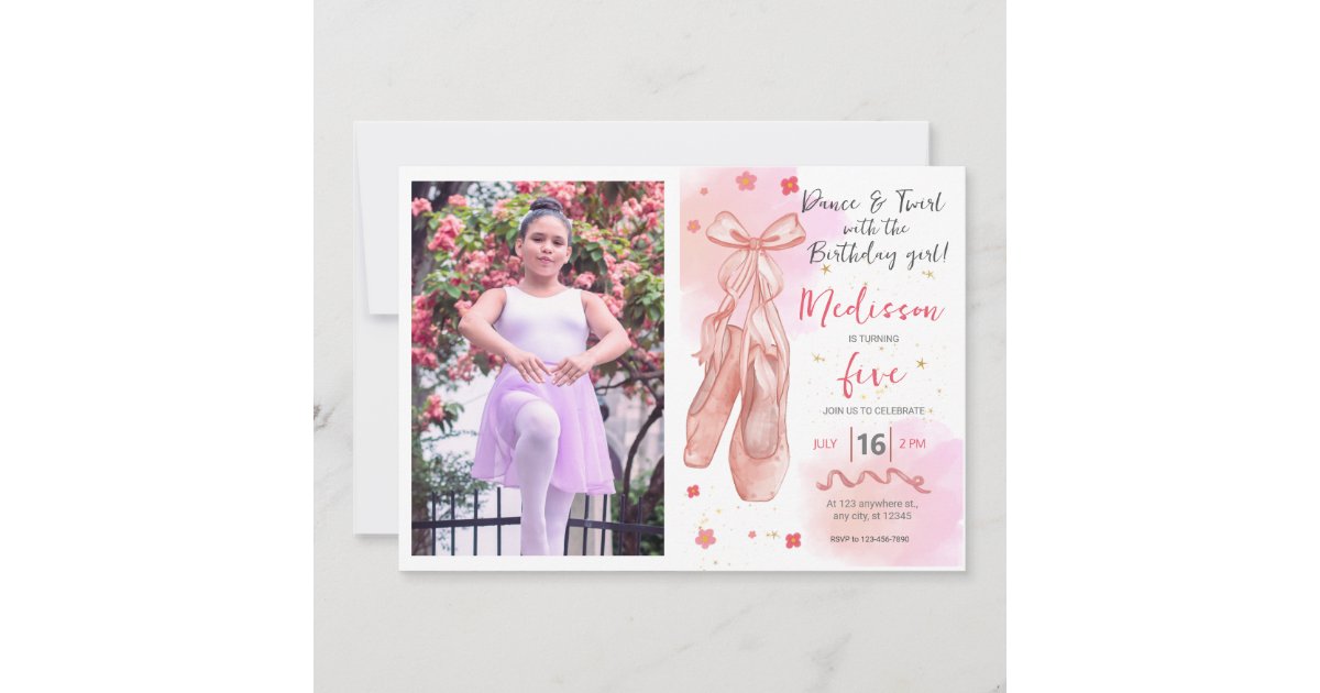 Dance and Twirl Pink girl Custom Photo Birthday Invitation | Zazzle