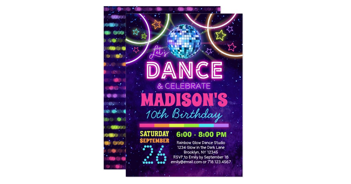 Dance Birthday Girls Neon Disco Dance Party Invitation | Zazzle.com