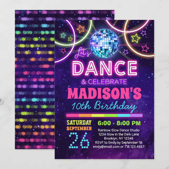 Dance Birthday Girls Neon Disco Dance Party Invitation | Zazzle