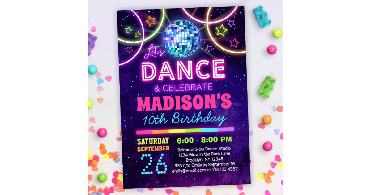Dance Birthday Girls Neon Disco Dance Party Invitation | Zazzle