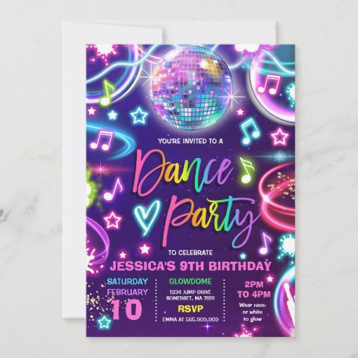 Dance Birthday Party Neon Glow Dance Disco Invitation | Zazzle