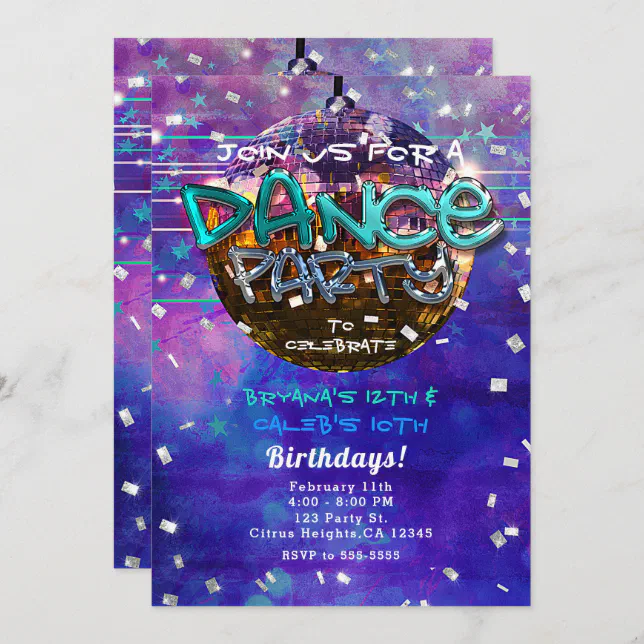 Dance Party Disco Ball Purple Cool Birthday Invitation | Zazzle