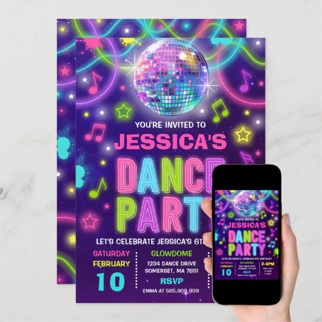 Dance Party Invitation Neon Glow Dance Party | Zazzle