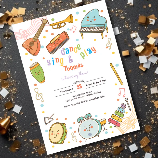 Dance sing and play kids birthday invitation | Zazzle