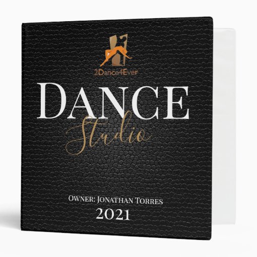 Dance studio black leather elegant, name, logo 3 ring binder | Zazzle