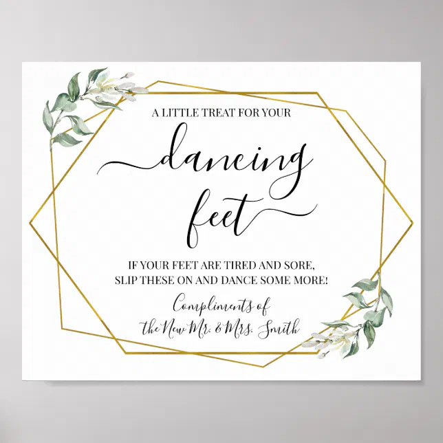 Dancing feet sign flip flops wedding greenery gold | Zazzle