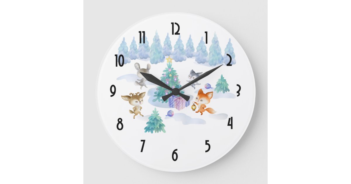 Dancing Forest Animals Christmas Watercolor Large Clock | Zazzle