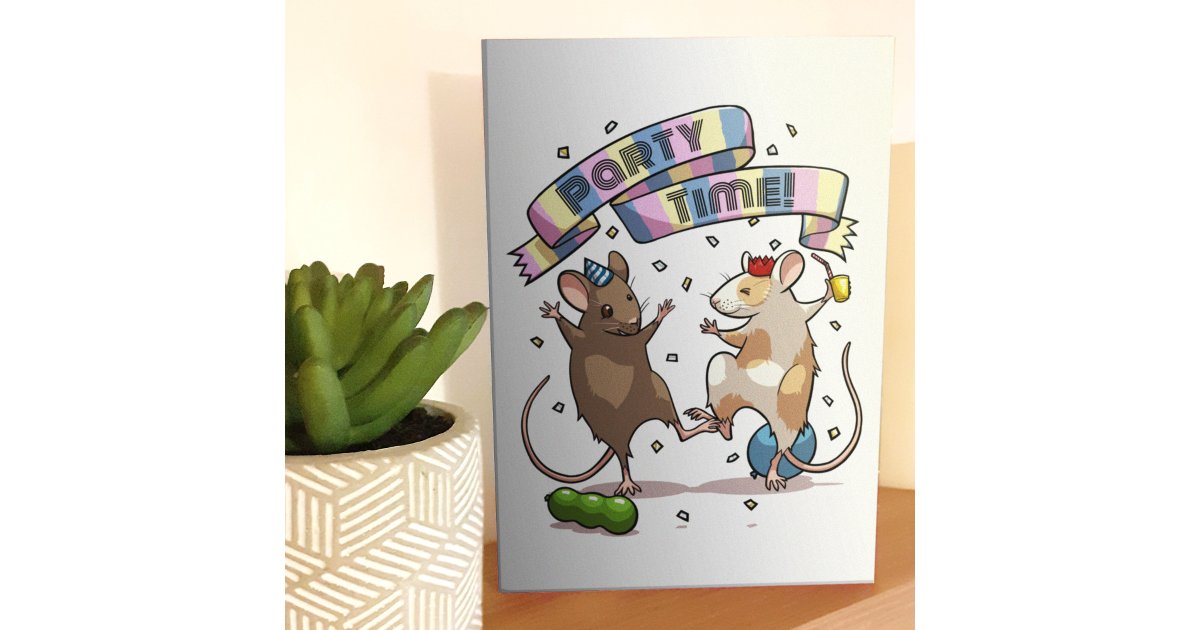 Dancing Mice Party Time Banner Confetti & Balloons Card | Zazzle
