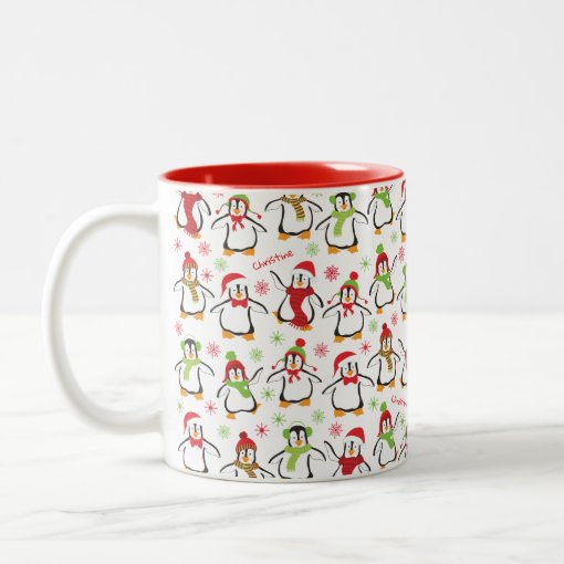 Dancing Penguins Red and Green Pattern Christmas Two-Tone Coffee Mug ...
