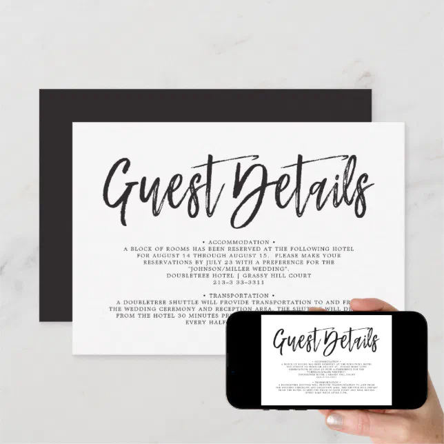 Dancing Script Black | White Wedding Guest Details Invitation | Zazzle