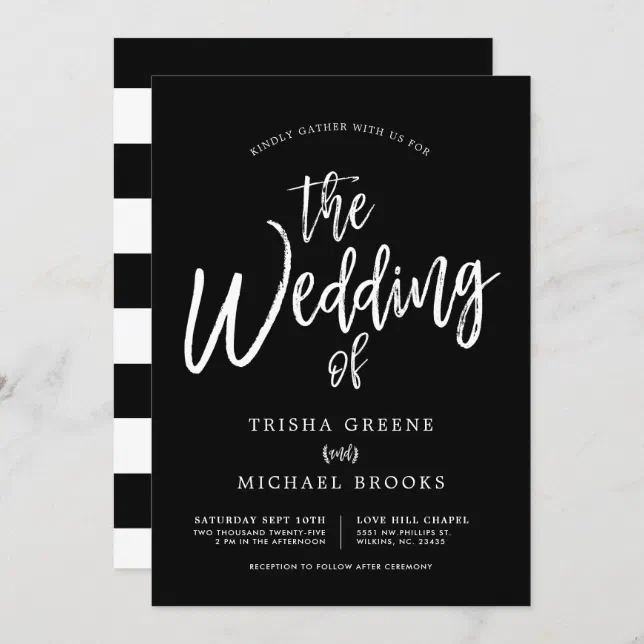 Dancing Script White on Black Wedding Invitation | Zazzle