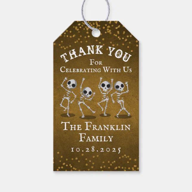 Dancing Skeleton Gold Glitter Halloween Thank You Gift Tags | Zazzle