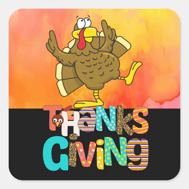 Dancing Turkey Thanksgiving funny cartoon Square Sticker | Zazzle