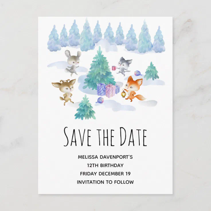 Dancing Woodland Animals Watercolor Save the Date Invitation Postcard ...