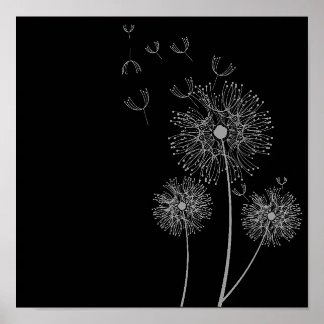 Dandelion flower black and white art poster | Zazzle