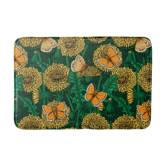 Dandelion meadow on dark green bath mat | Zazzle