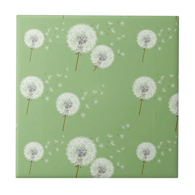 Dandelion Pattern on Green Background Ceramic Tile | Zazzle