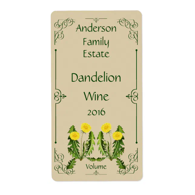Dandelion Wine Bottle Label with Dark Green Frame | Zazzle