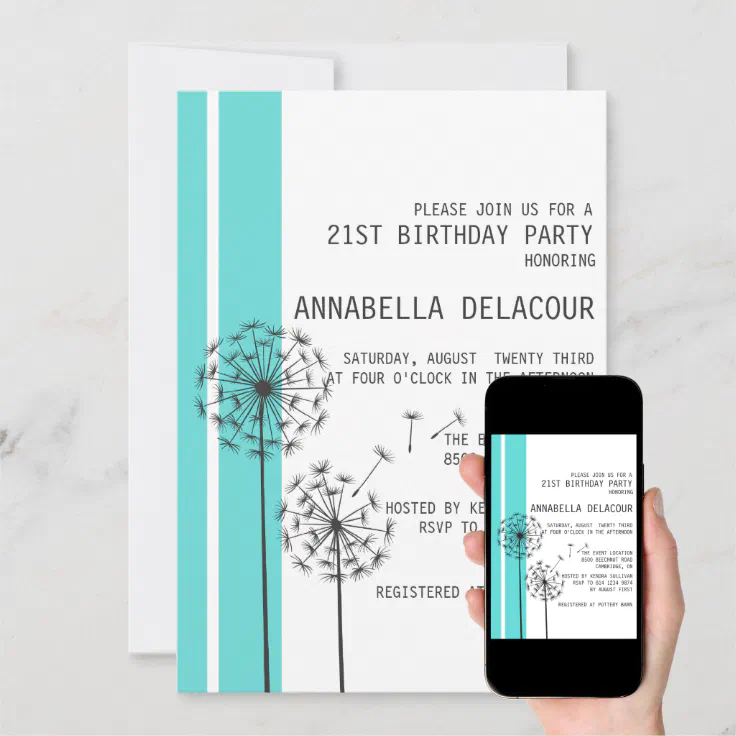 Dandelions Blue Modern Birthday Invitation | Zazzle