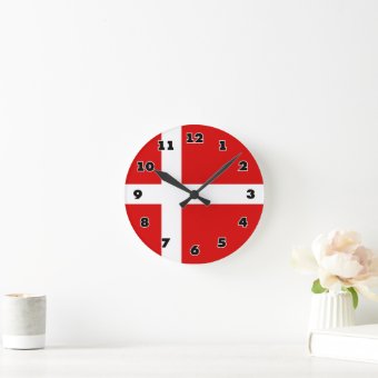 Danish flag of Denmark custom round wall clock | Zazzle