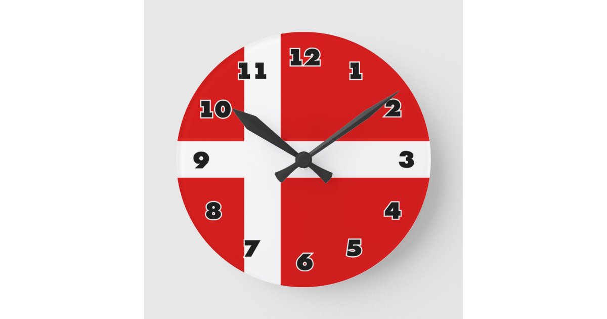 Danish flag of Denmark custom round wall clock | Zazzle