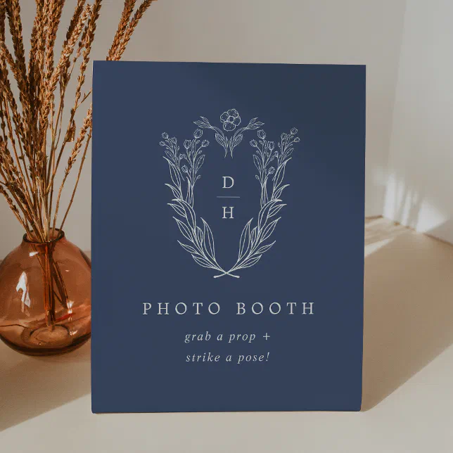 DAPHNE Dark Blue Simple Floral Wedding Photo Booth Pedestal Sign | Zazzle