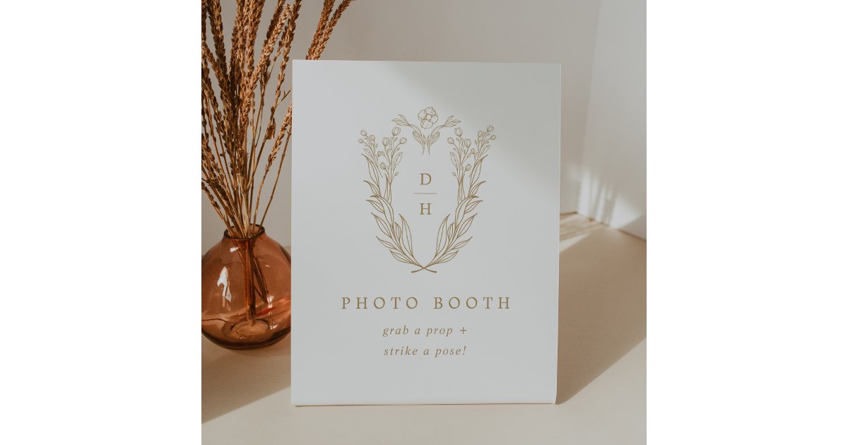 DAPHNE Gold White Floral Crest Wedding Photo Booth Pedestal Sign | Zazzle