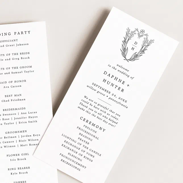 DAPHNE Greenery Black White Crest Monogram Wedding Program | Zazzle