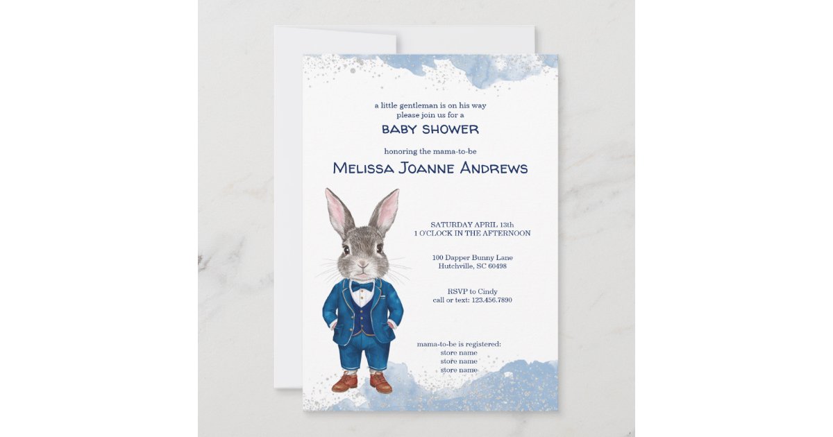 Dapper Bunny in a Blue Suit Boy Baby Shower Invitation | Zazzle