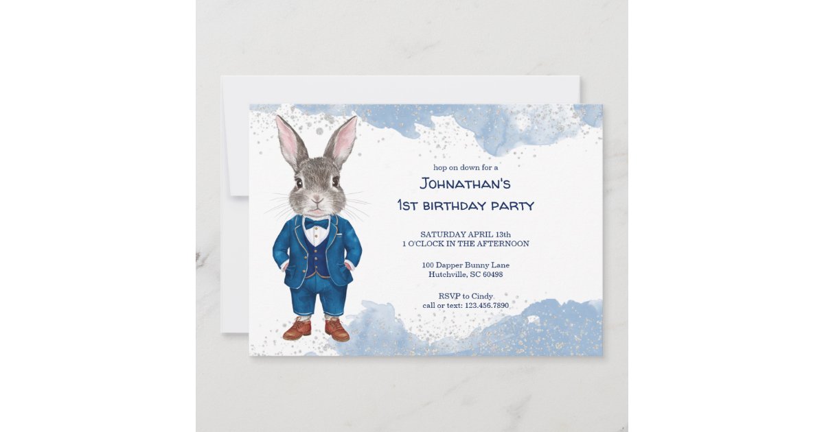 Dapper Bunny in a Blue Suit Boy Birthday Party Invitation | Zazzle