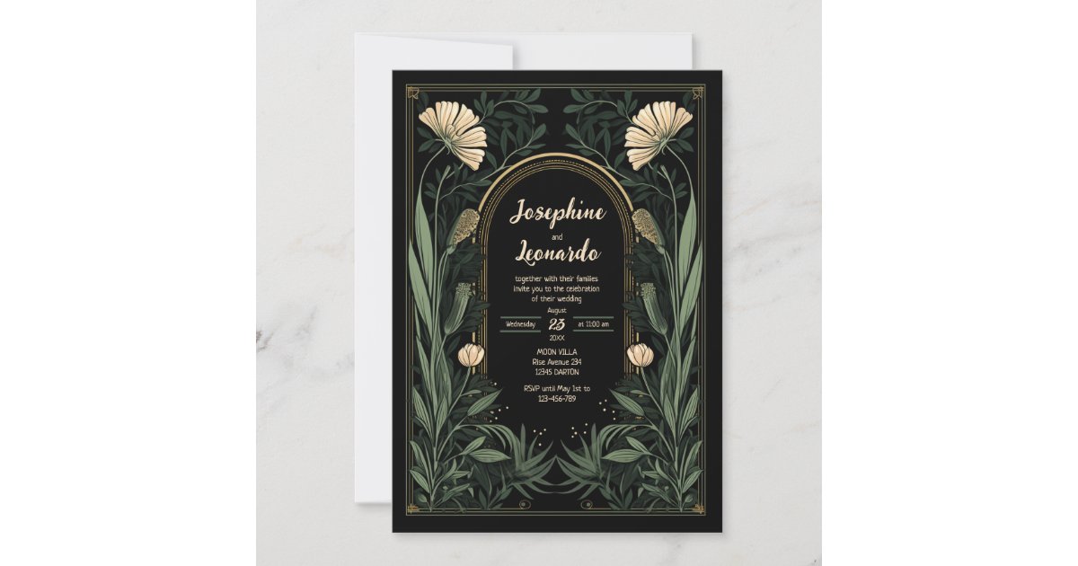 Dark Art Nouveau Botanical Wedding Invitation | Zazzle