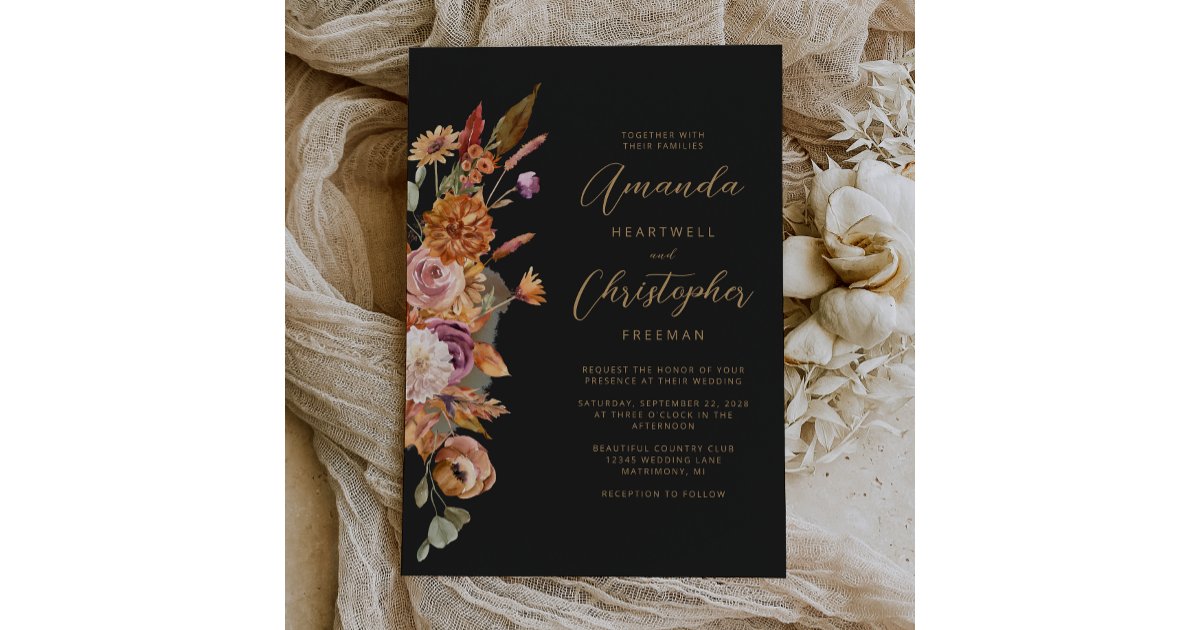 Dark Autumn Floral Script Wedding Invitation | Zazzle