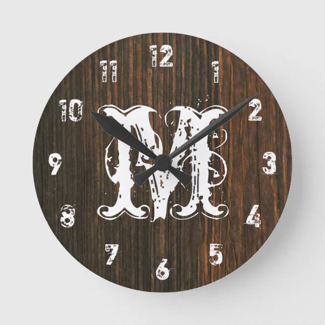 Dark Barn Wood Inspired Monogram Clock | Zazzle
