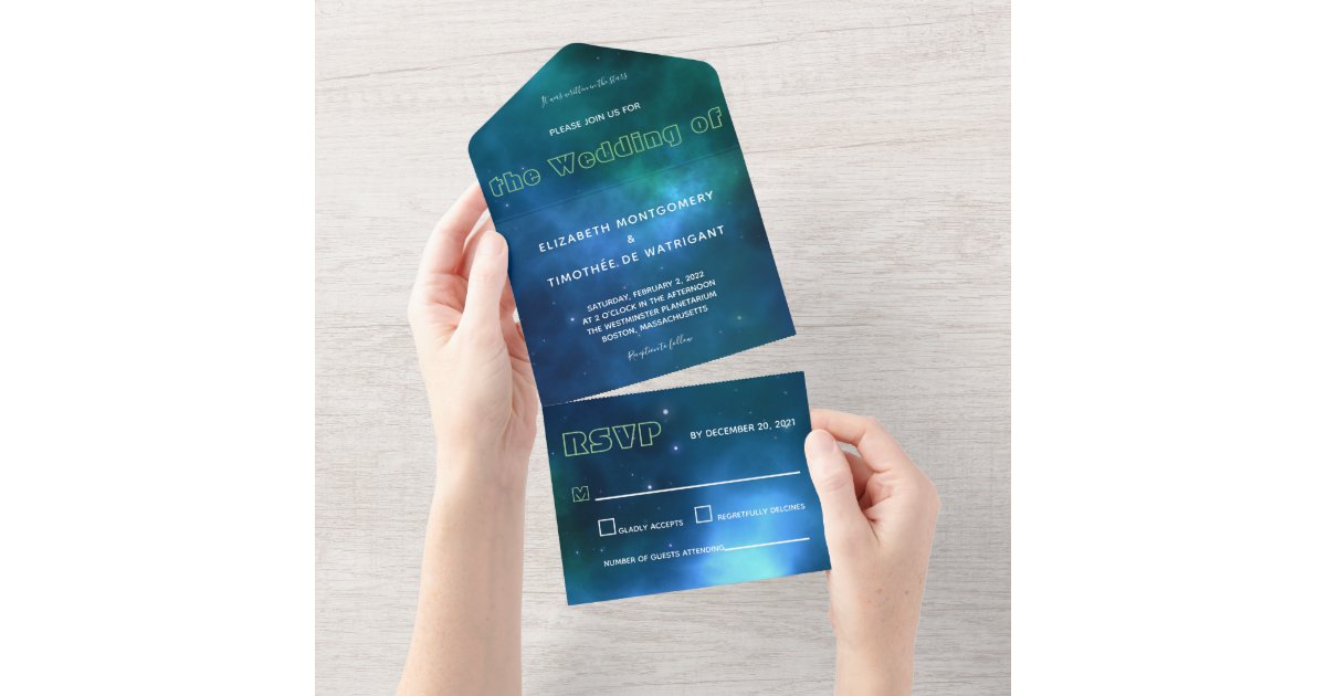 Dark Blue and Green Galaxy Wedding All In One Invitation | Zazzle