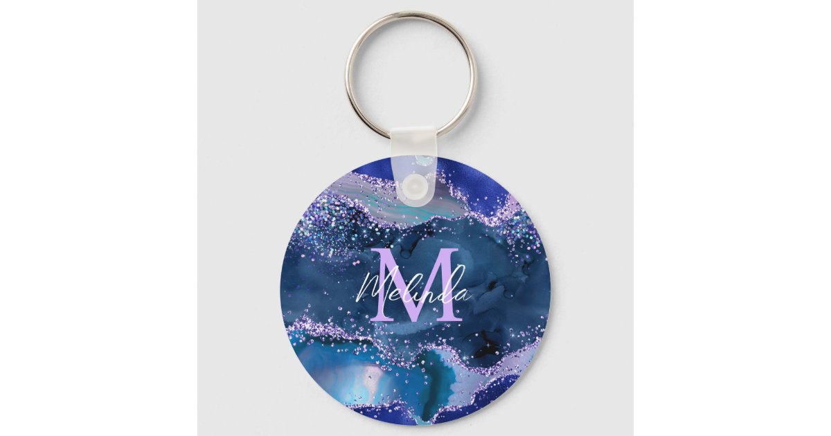 Dark Blue and Purple Glitter Ocean Agate Keychain | Zazzle