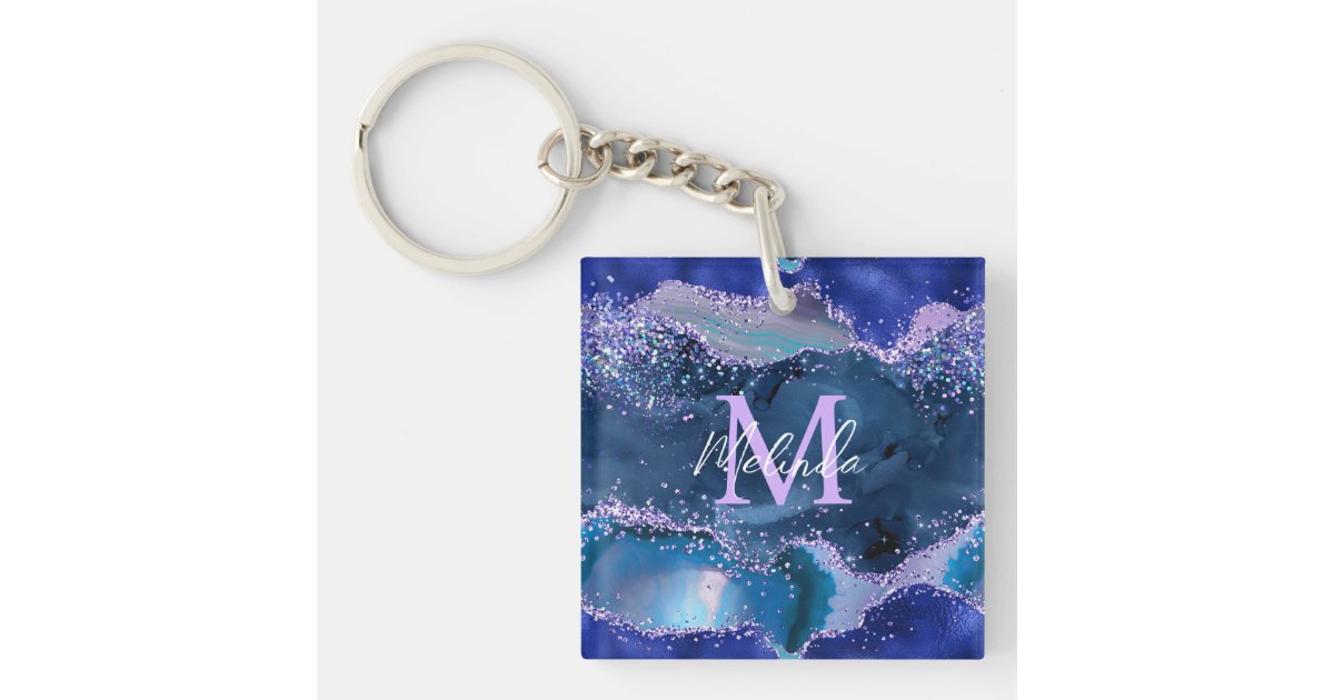 Dark Blue and Purple Glitter Ocean Agate Keychain | Zazzle