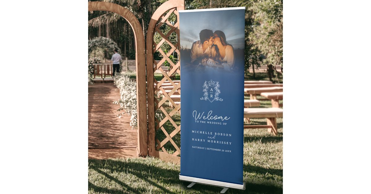 Dark blue and white crown monogram wedding photo retractable banner ...