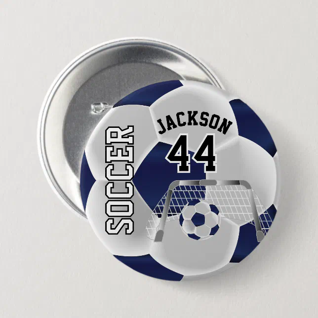 Dark Blue and White Personalize Soccer Ball Button | Zazzle