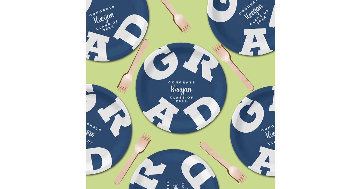 Dark Blue and White Personalized Graduation Paper Plates | Zazzle