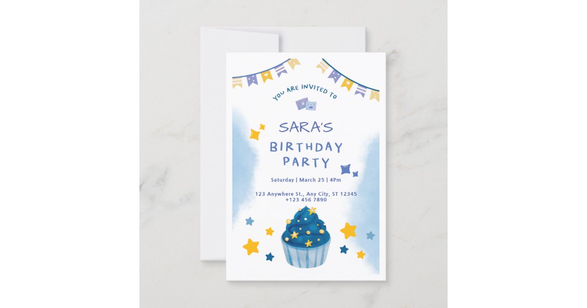 Dark Blue and Yellow Confetti Birthday Invitation | Zazzle