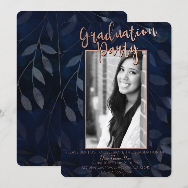 Dark Blue Botanical Leaves Modern Graduation Party Invitation | Zazzle