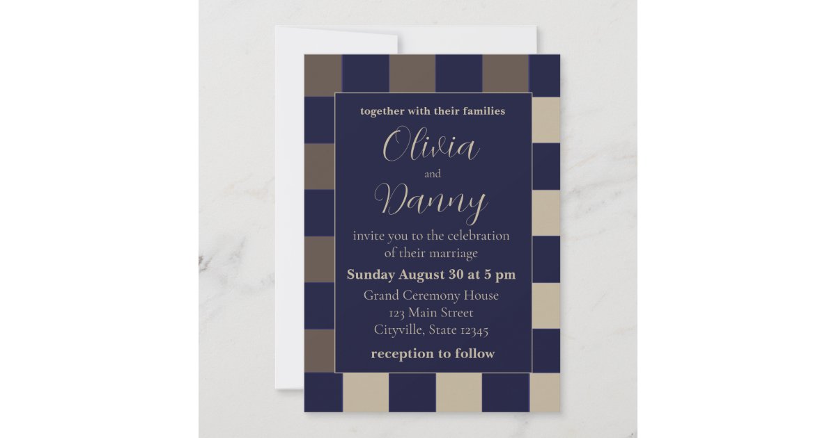 Dark Blue Brown Checkerboard Wedding Invitation | Zazzle