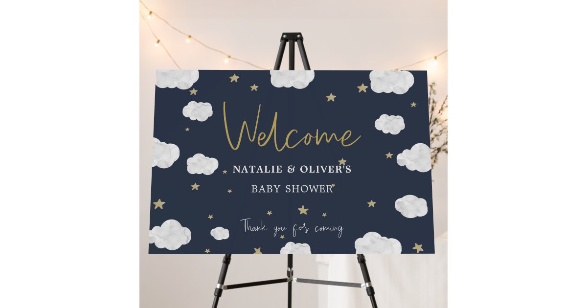 Dark Blue Clouds Stars Baby Shower Welcome Sign | Zazzle