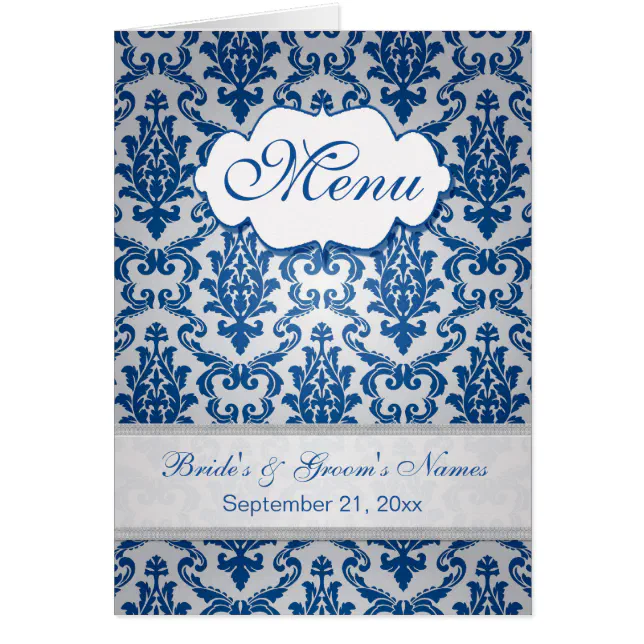 Dark blue Damask Menu | Zazzle