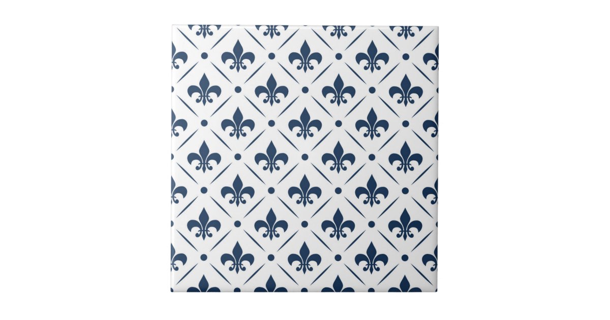 Dark blue Fleur De Lis pattern on white background Ceramic Tile | Zazzle