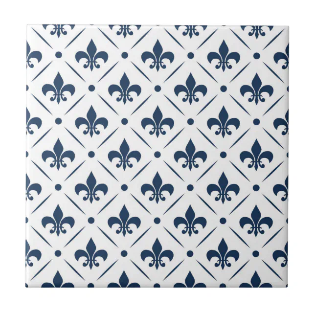Dark blue Fleur De Lis pattern on white background Ceramic Tile | Zazzle