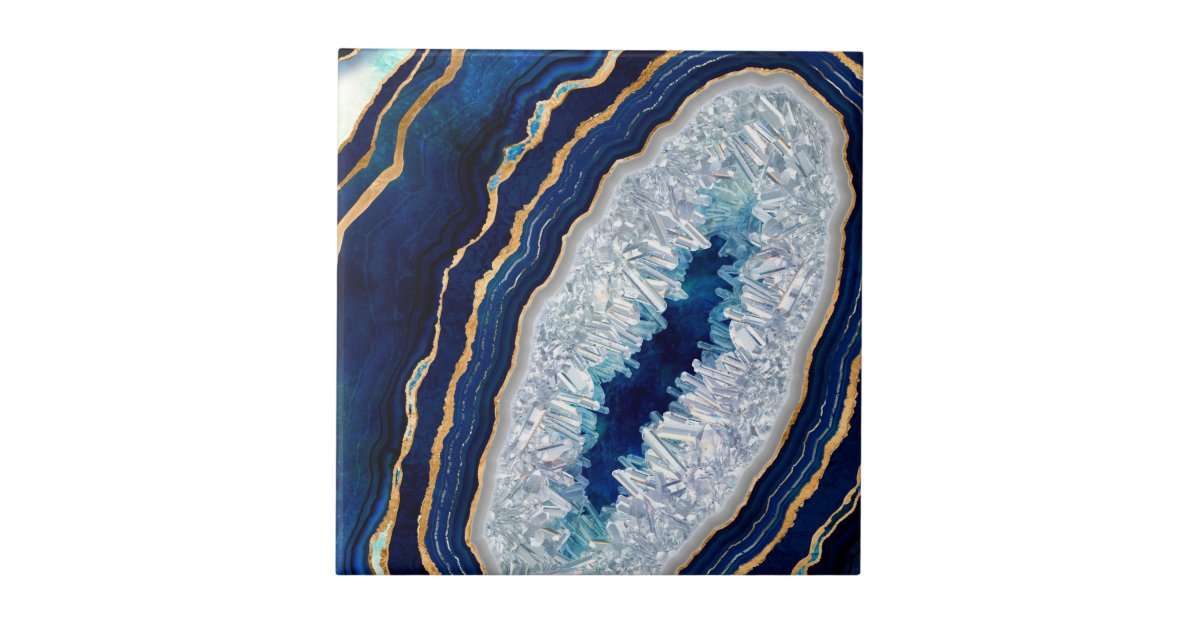 Dark Blue Geode and Gold Digital Art Ceramic Tile | Zazzle
